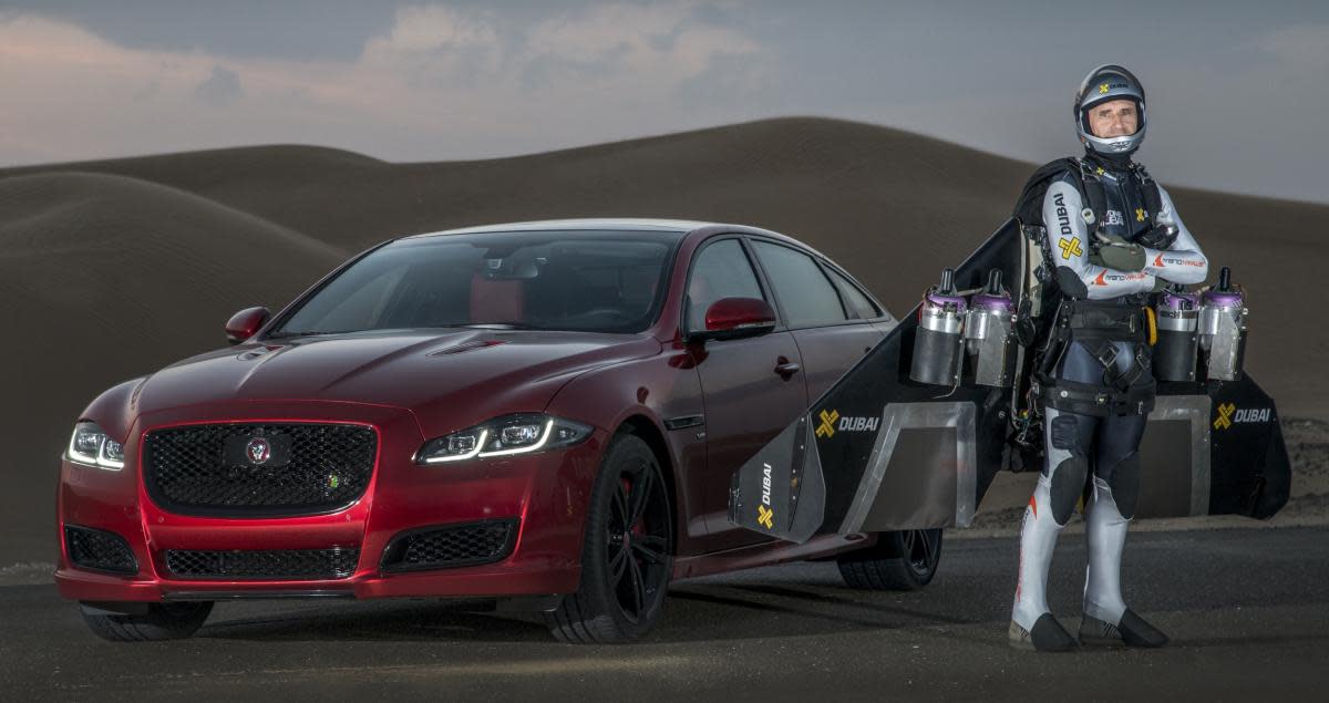 Watch the New Jaguar XJR Take On A Jetpack Pilot In A Desert Drag Race ...